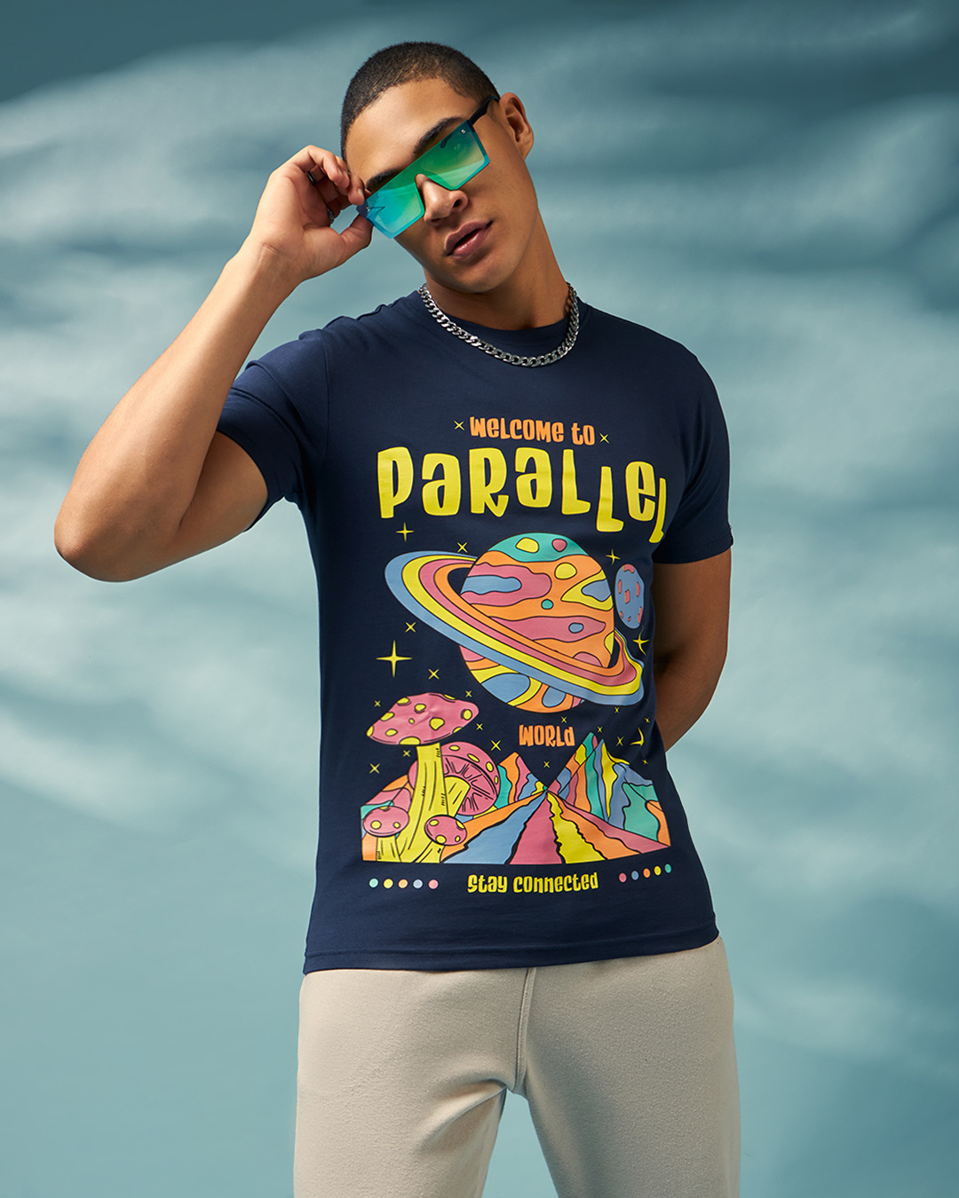 Buy Men's Blue Parallel World Graphic Printed T-shirt Online at Bewakoof