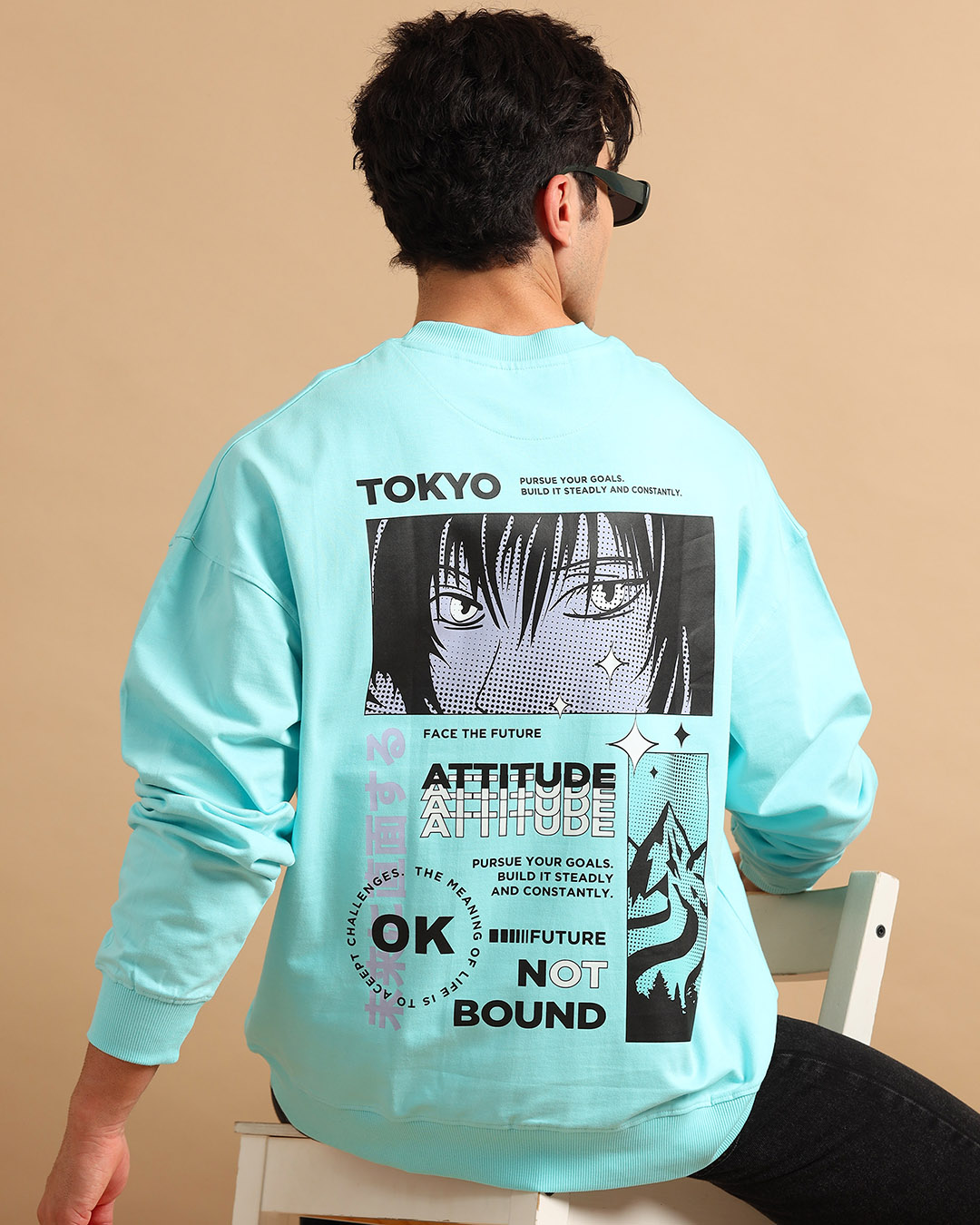 Buy Men's Aqua Blue Graphic Printed Oversized Sweatshirt Online at Bewakoof