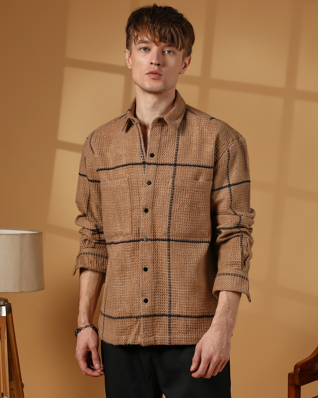 Buy Men's Ash Brown Checked Loose Fit Shacket Online at Bewakoof