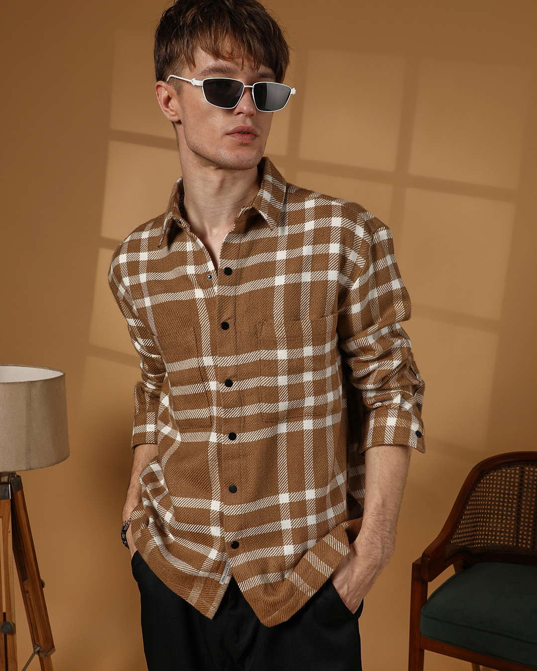 Buy Men's Ash Brown Checked Loose Fit Shacket Online at Bewakoof
