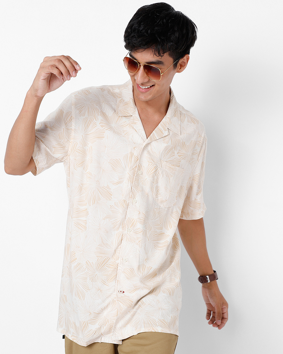 Buy Mens Beige All Over Leaf Printed Oversized Shirt Online At Bewakoof