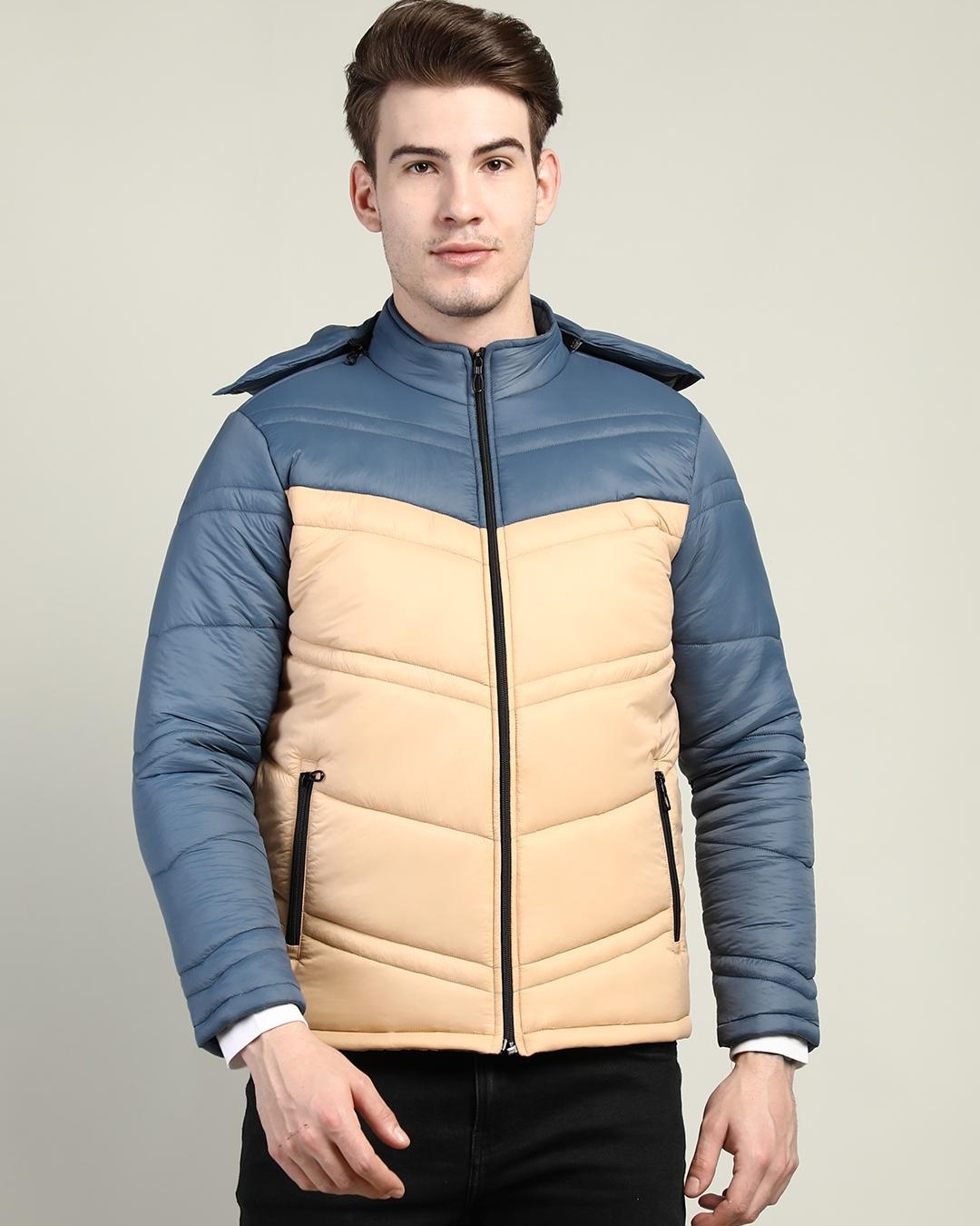 Buy Men's Beige & Blue Color Block Hooded Puffer Jacket Online at Bewakoof