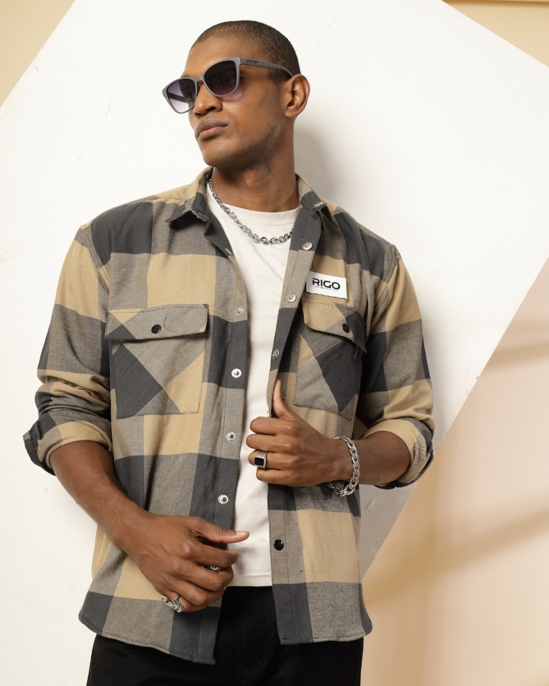 Buy Men's Beige & Black Checks Oversized Shacket Online at Bewakoof