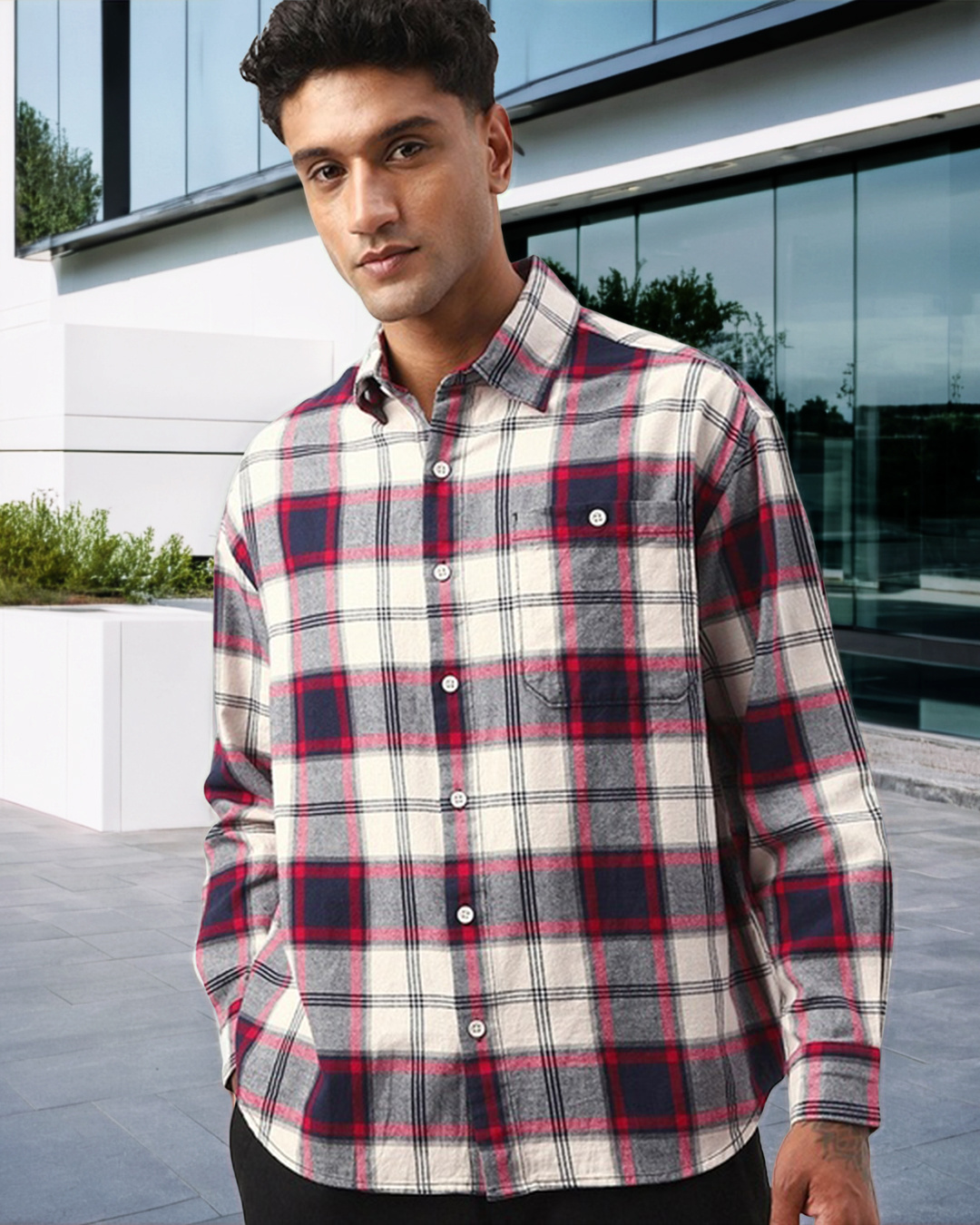 Buy Men's Beige & Blue Checked Oversized Shirt Online at Bewakoof