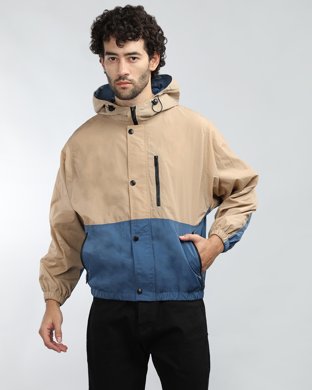 Buy Men's Beige & Blue Color Block Wind Cheater Jacket Online at Bewakoof