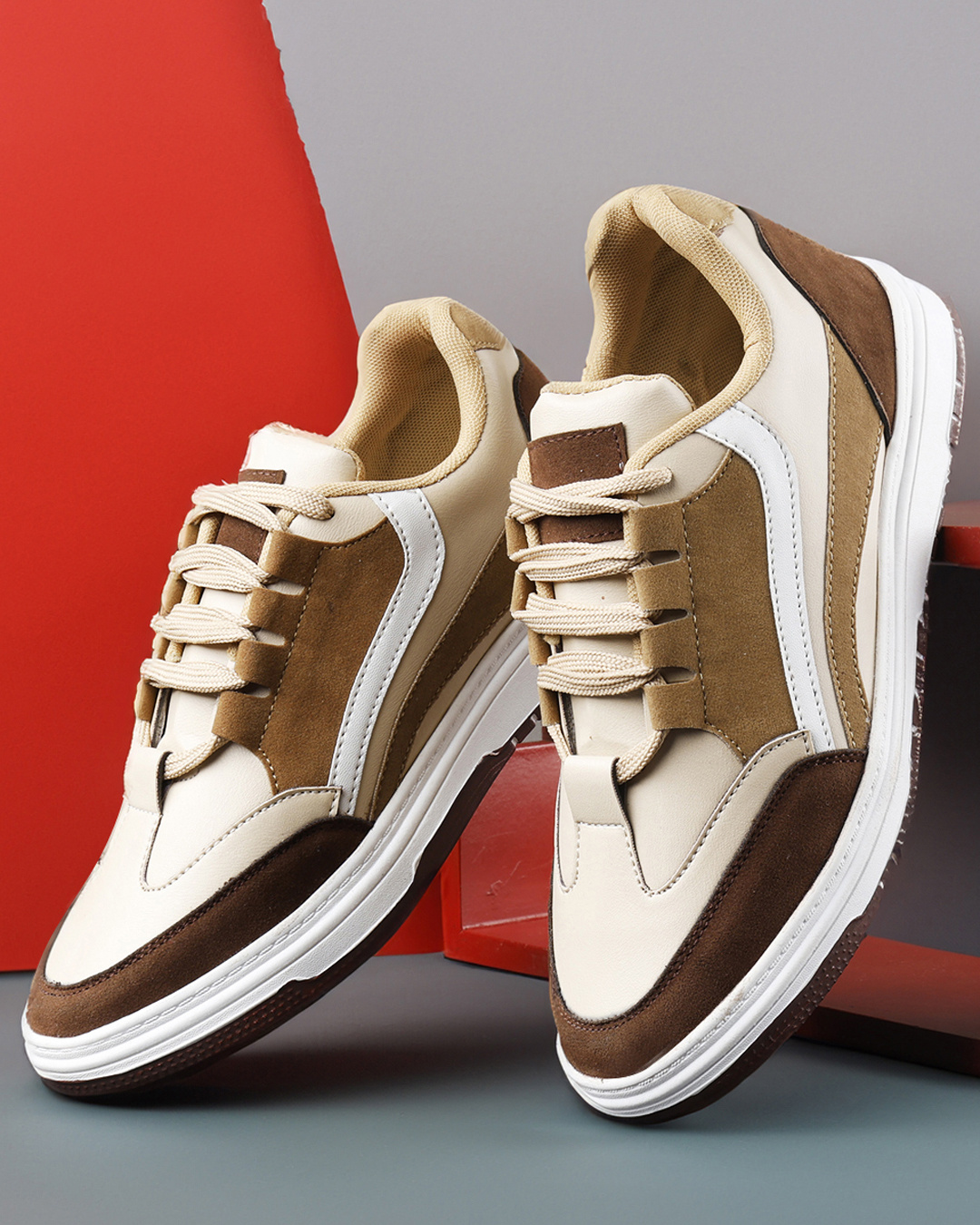 Buy Men's Beige & Brown Color Block Sneakers Online in India at Bewakoof