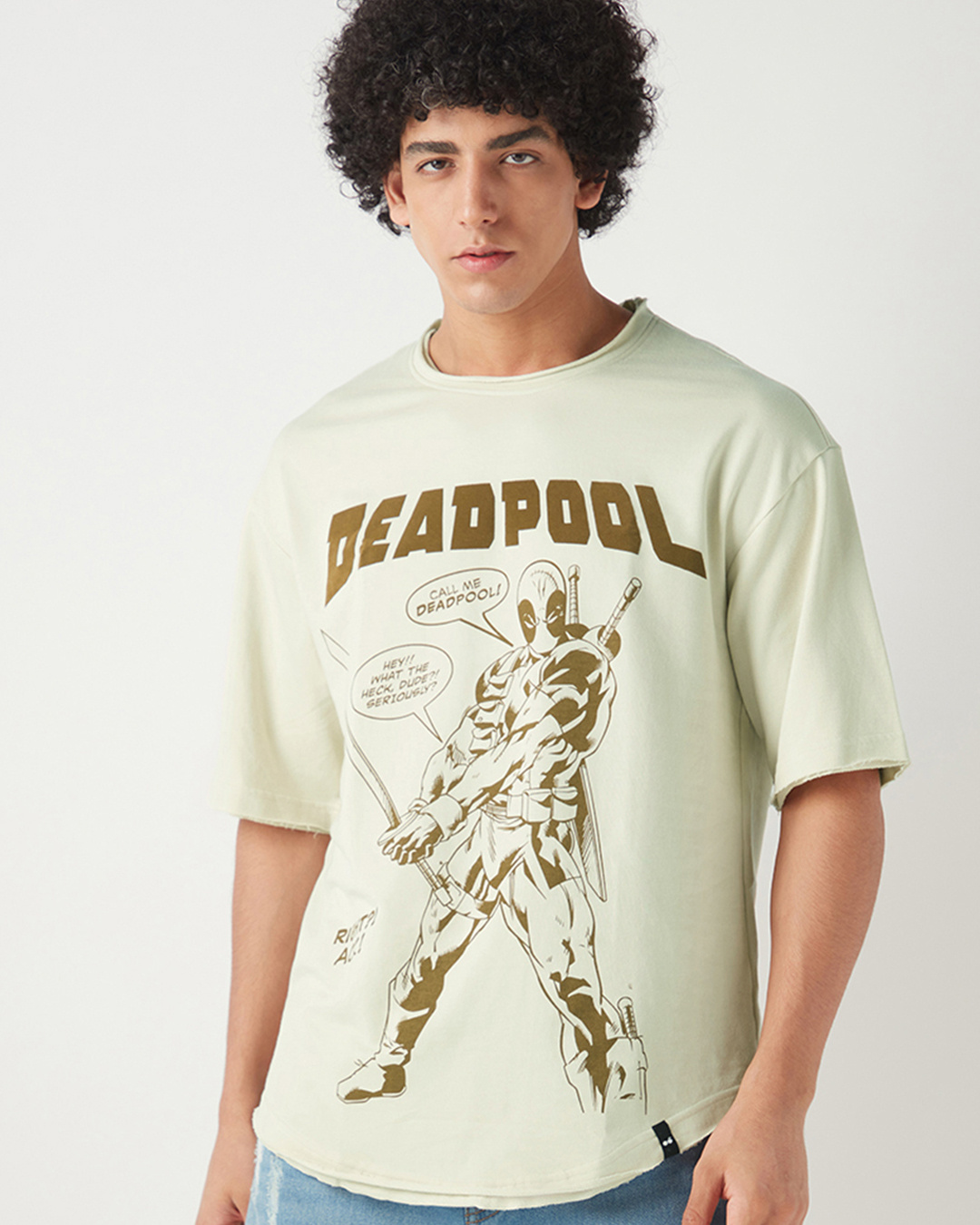 Buy Mens Beige Call Me Deadpool Graphic Printed Oversized T Shirt