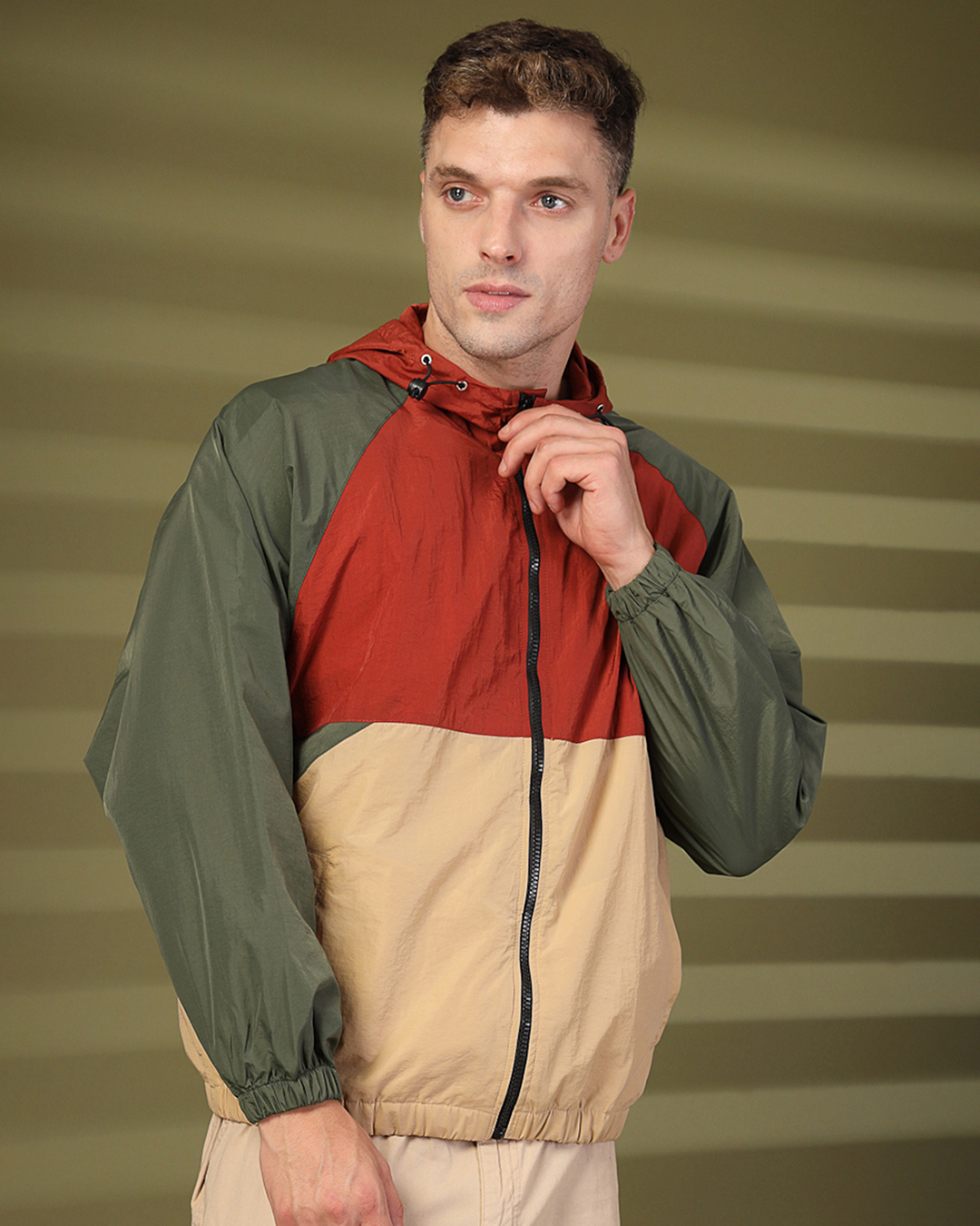 Buy Men's Beige & Red Color Block Wind Cheater Jacket Online at Bewakoof