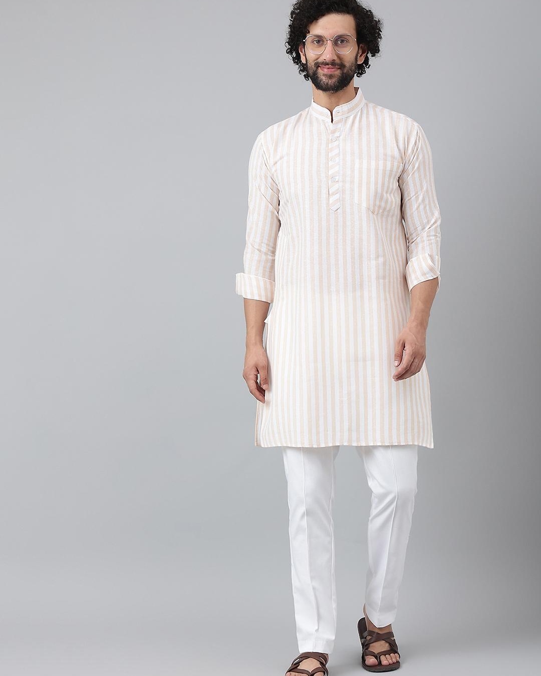 Buy Men's Beige Striped Kurta Online at Bewakoof