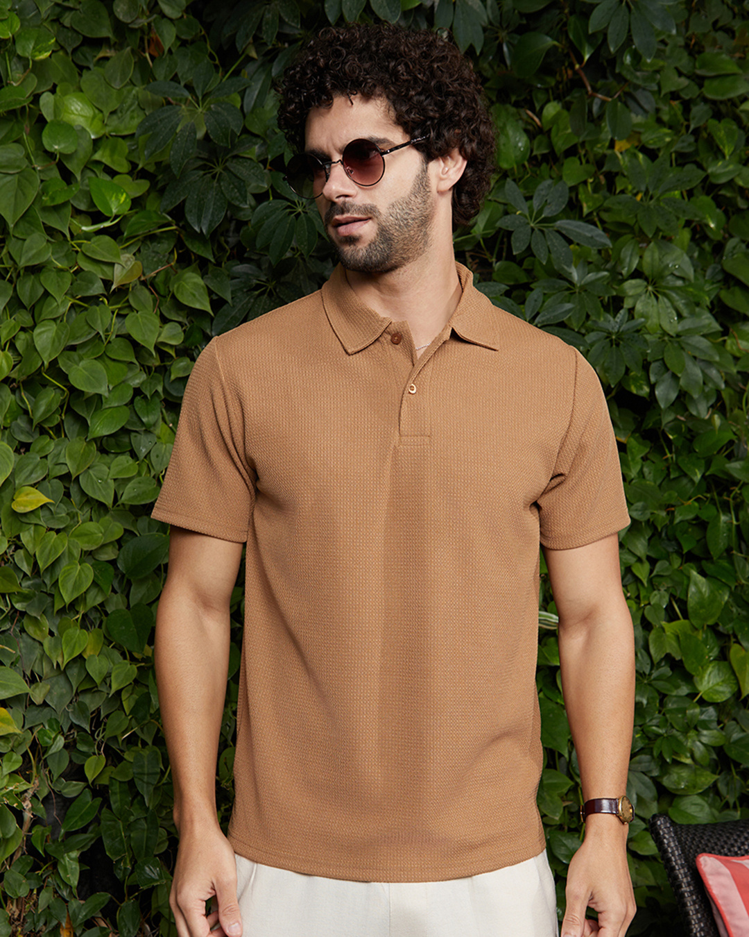 Buy Men's Camel Beige Textured Polo T-shirt Online at Bewakoof