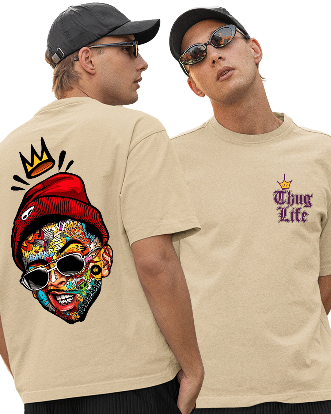 Buy Men's Beige Thug Life Graphic Printed Oversized T-shirt Online at ...