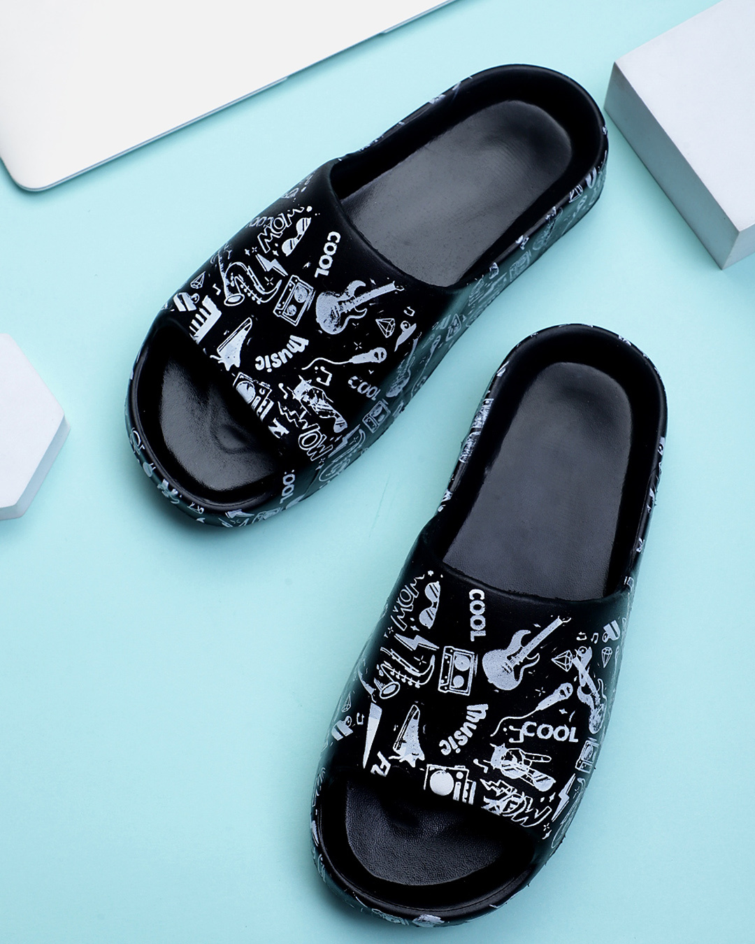 Buy Men's Black All Music Printed Sliders Online in India at Bewakoof