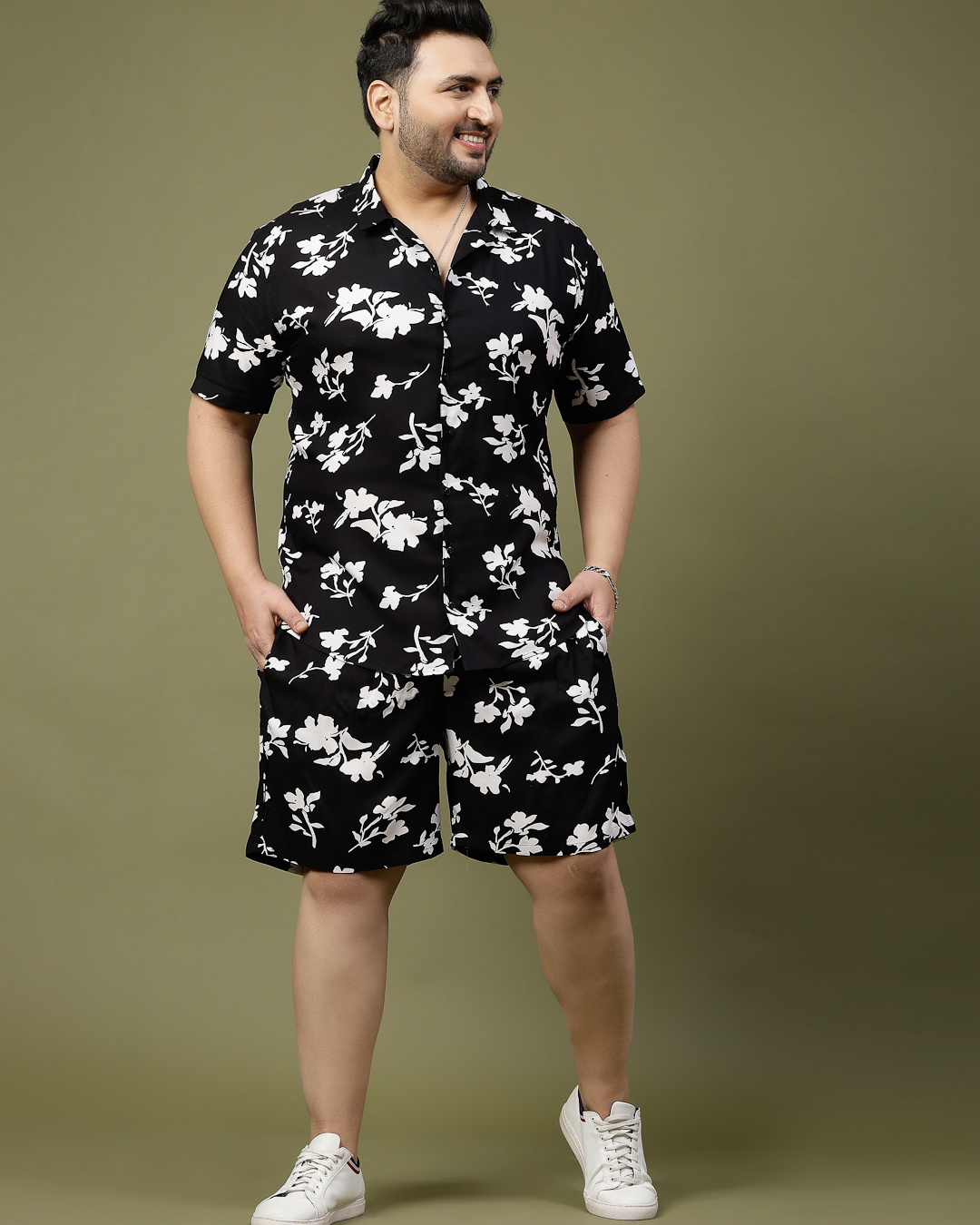 Buy Mens Black And White All Over Floral Printed Plus Size Co Ordinates