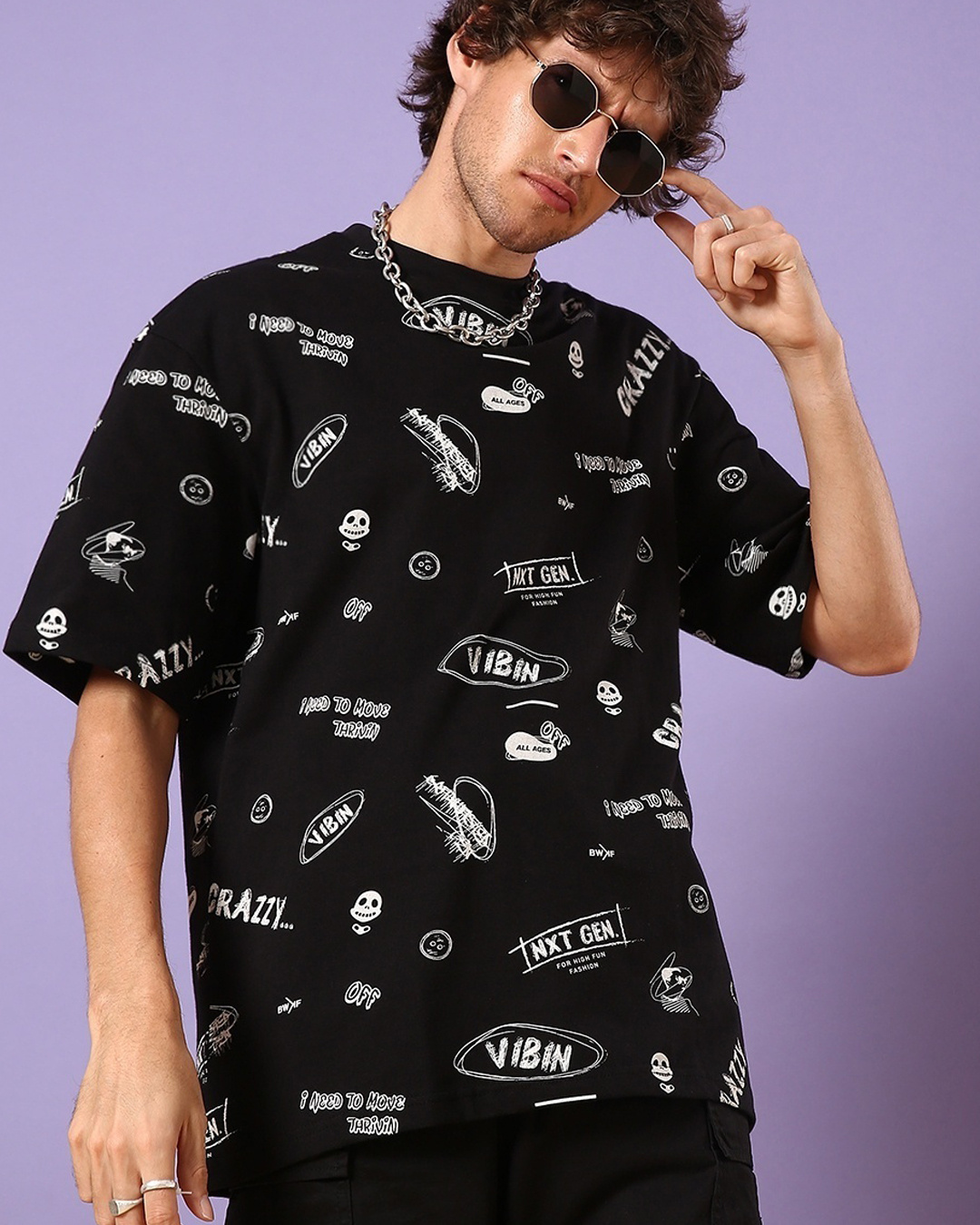 Buy Men's Black All Over Printed Oversized Plus Size T-shirt Online at Bewakoof