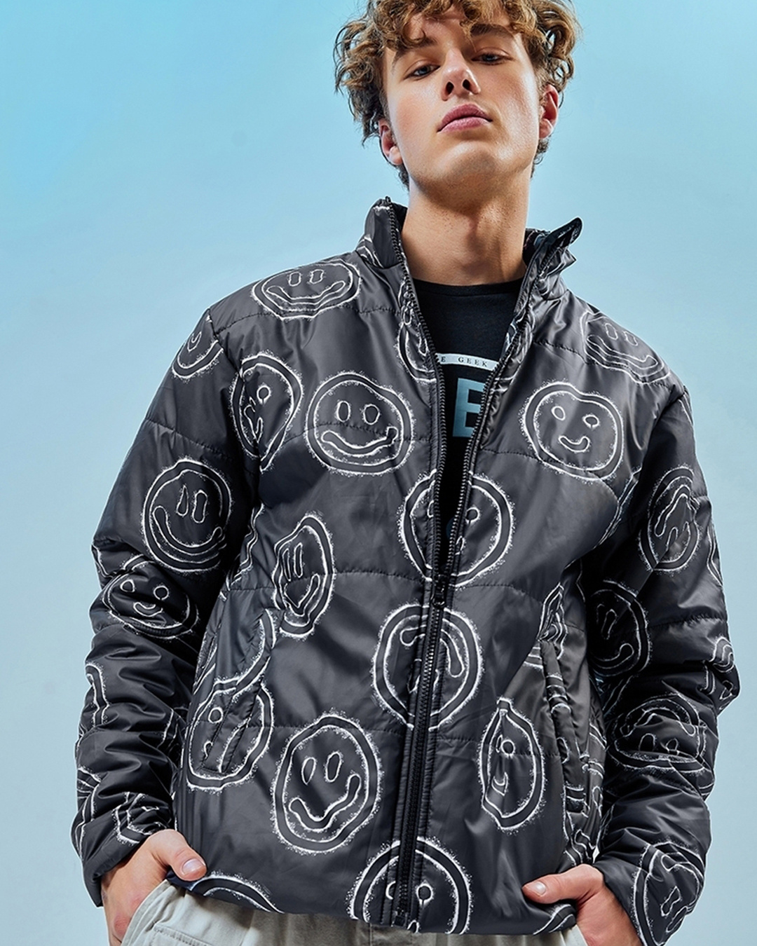 Buy Men's Black All Over Printed Oversized Puffer Jacket Online at Bewakoof