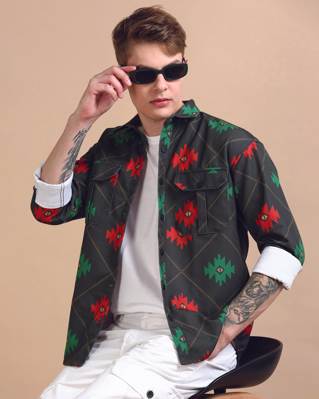 Buy Men's Black & Green All Over Printed Oversized Shacket Online at ...