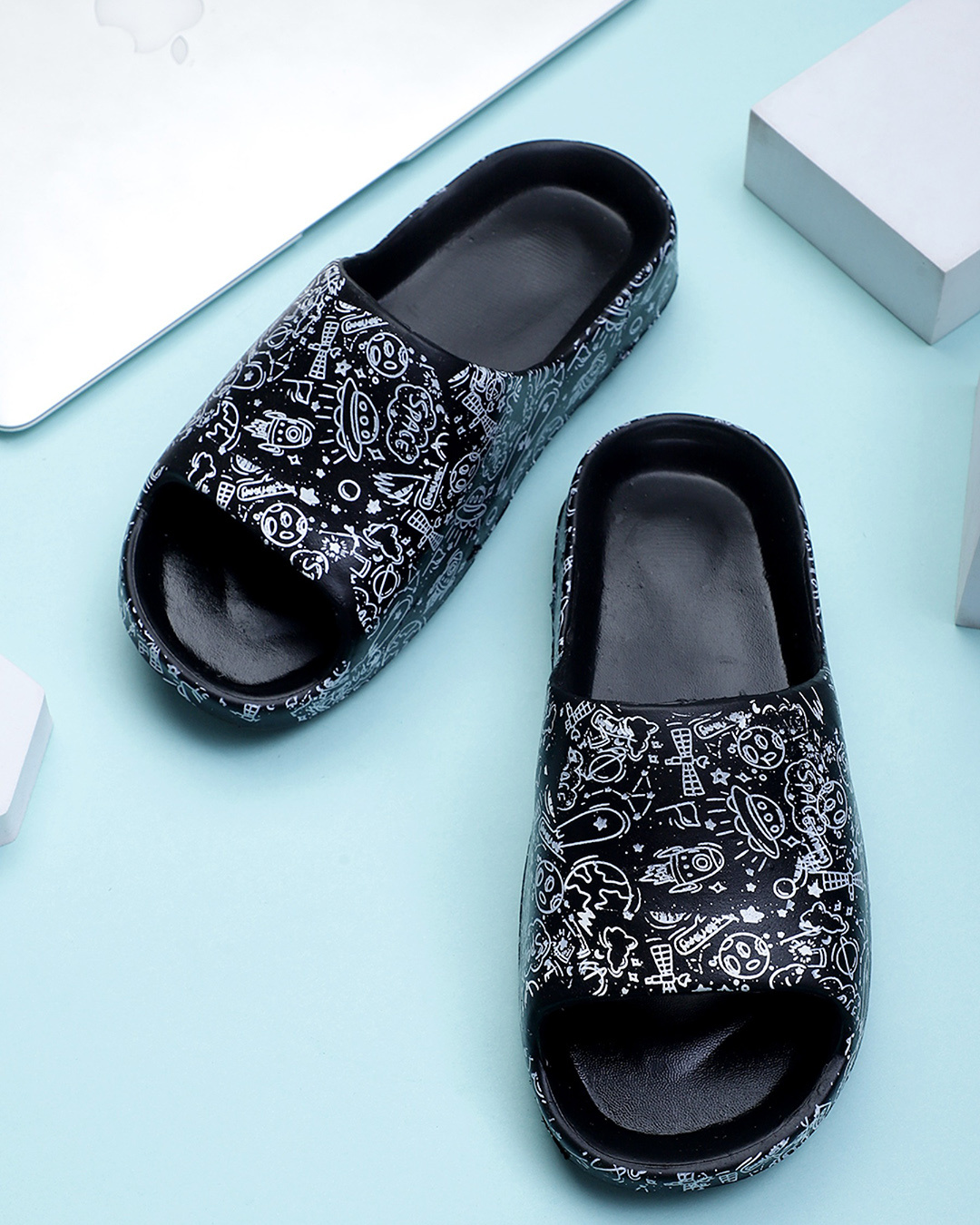 Buy Men's Black All Space Printed Sliders Online in India at Bewakoof