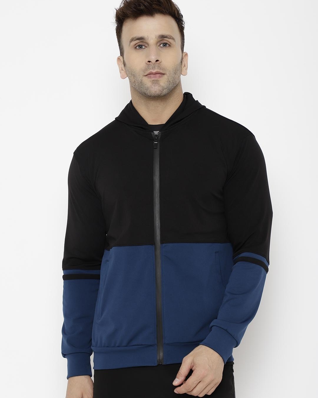 Buy Men's Black & Blue Color Block Hooded Jacket Online at Bewakoof