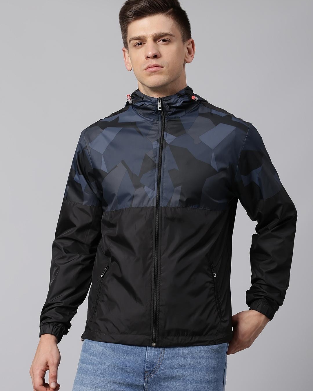 Buy Men's Black and Blue Color Block Hooded Jacket Online at Bewakoof