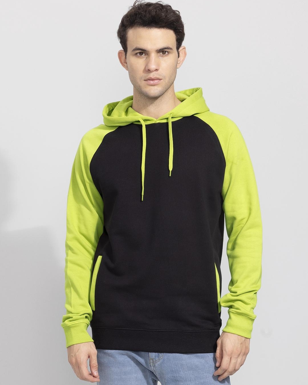 Buy Men's Black and Green Color Block Slim Fit Hooded Sweatshirt Online ...