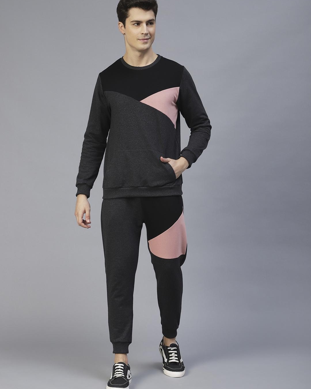 Buy Men's Black and Pink Color Block Tracksuit Online in India at Bewakoof