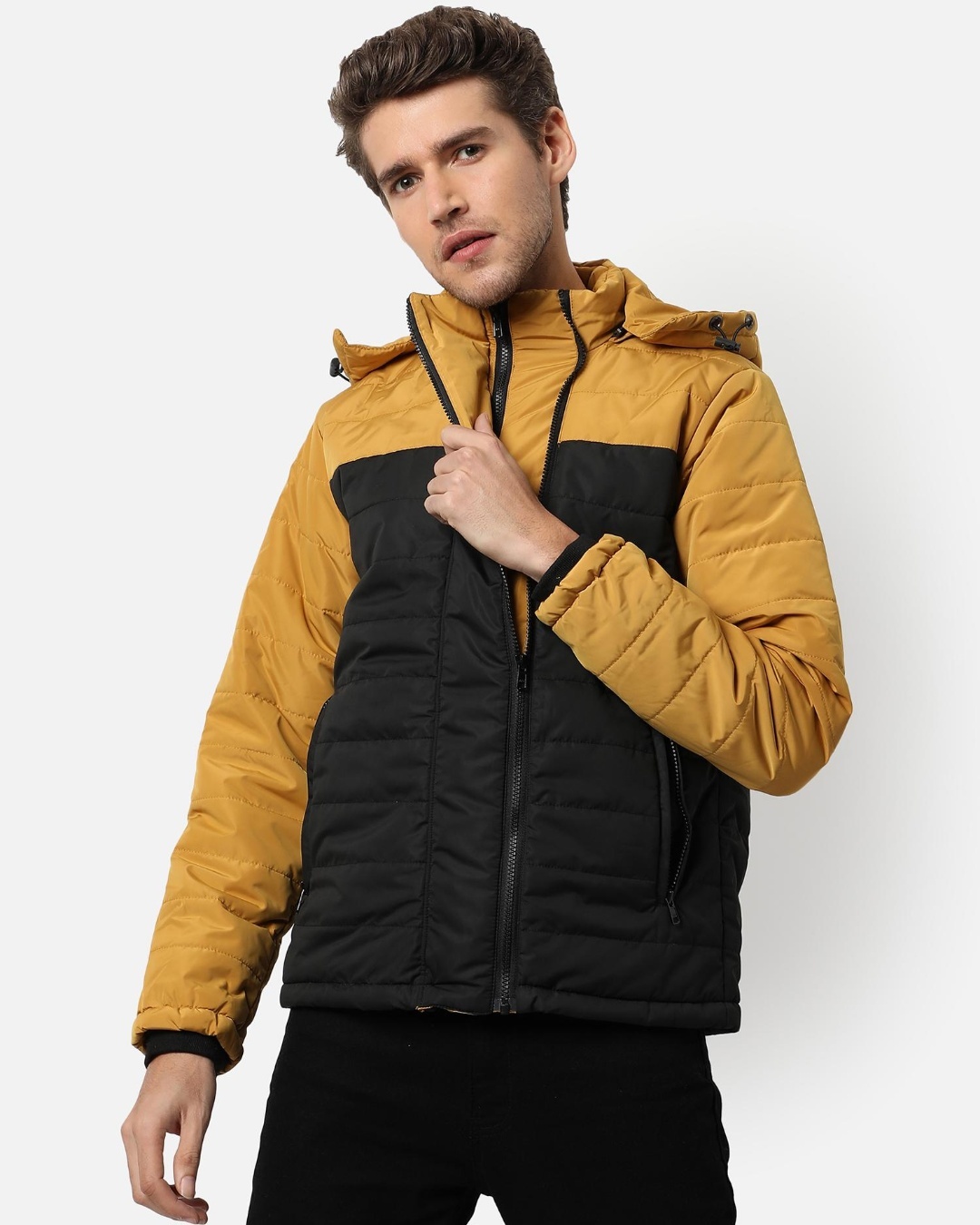 Buy Men's Black and Yellow Color Block Hooded Jacket Online in India at ...