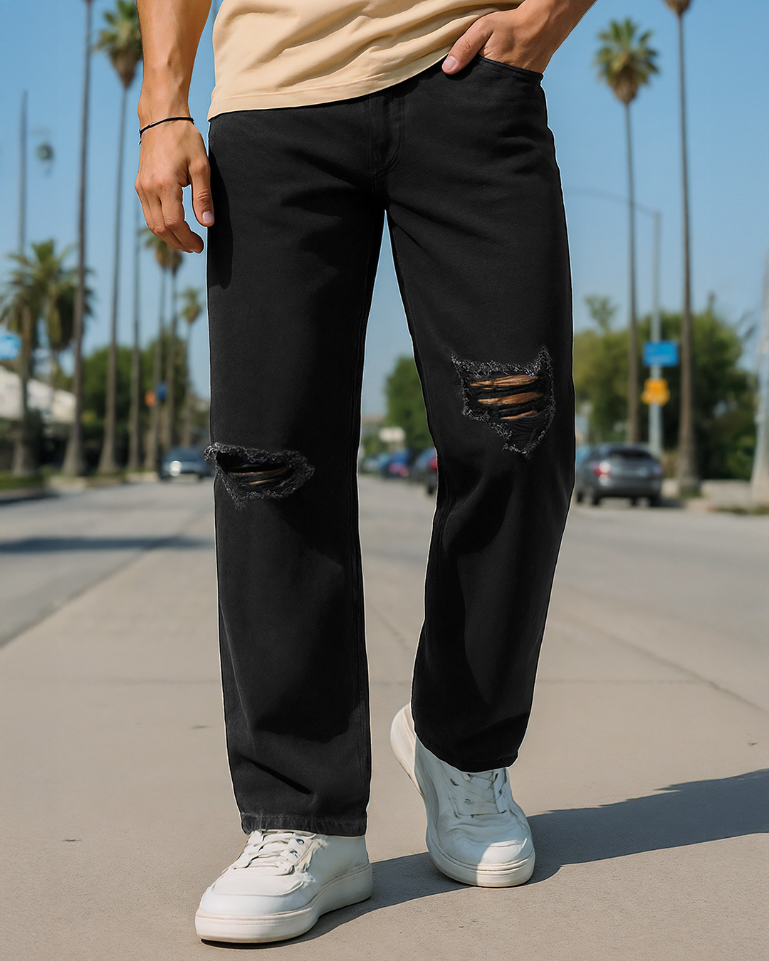 Buy Men's Black Baggy Fit Distressed Mid-Rise Jeans Online at Bewakoof