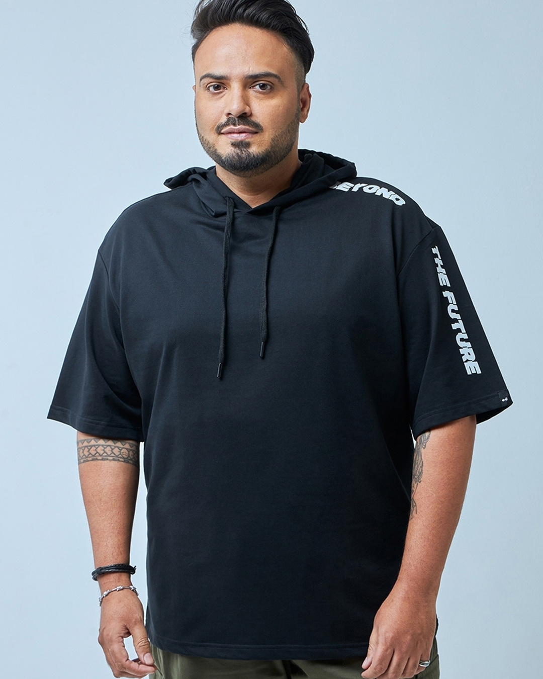 Buy Men's Black Beyond the Future Typography Oversized Plus Size Hooded T-shirt Online at Bewakoof