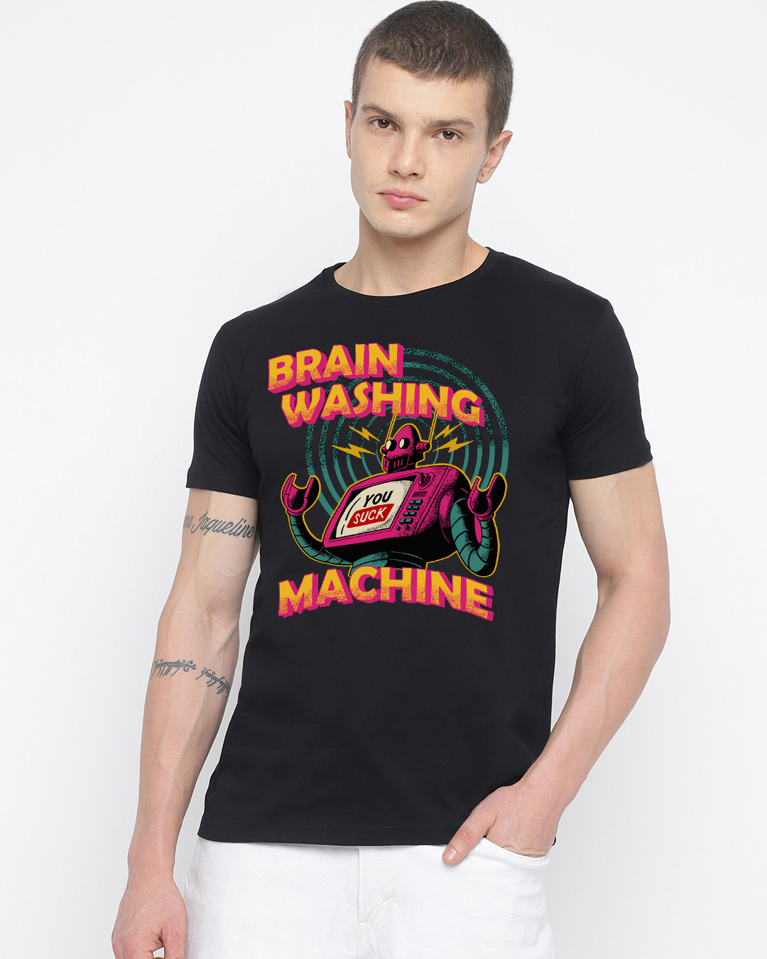 Buy Men's Black Brain Washing Machine Graphic Printed T-shirt Online at ...