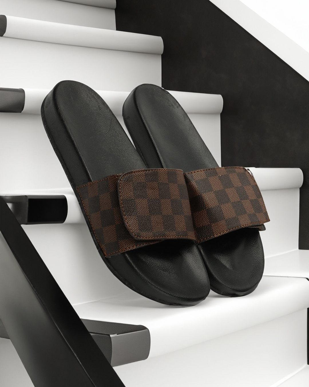Buy Men's Black & Brown Checked Velcro Sliders Online in India at Bewakoof
