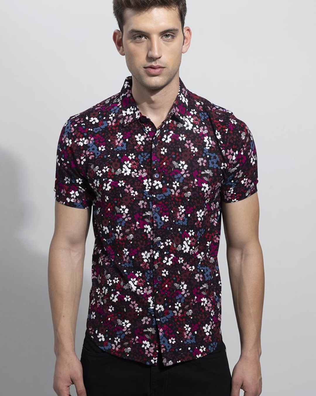 Buy Men's Black Cherry Blossom Floral Printed Slim Fit Shirt Online at ...
