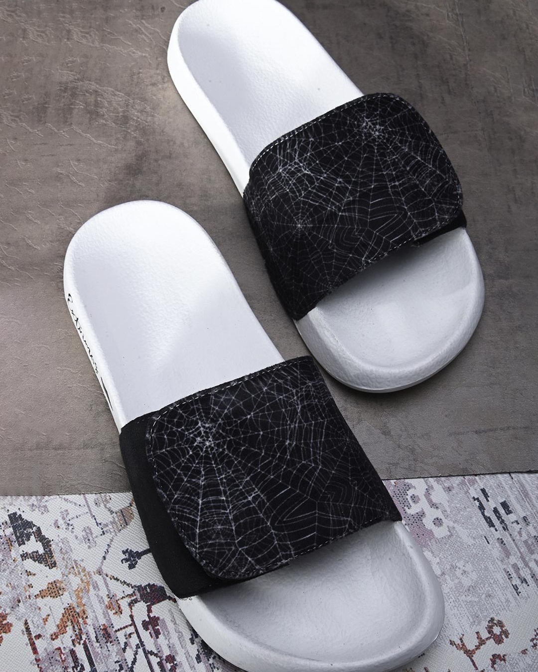 Buy Men's Black Cobweb Printed Adjustable Strap Sliders Online in India ...