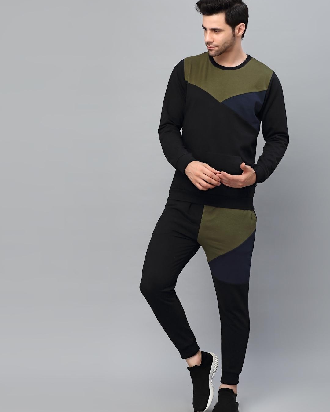 Buy Men's Black Color Blocked Slim Fit Tracksuit Online in India at ...