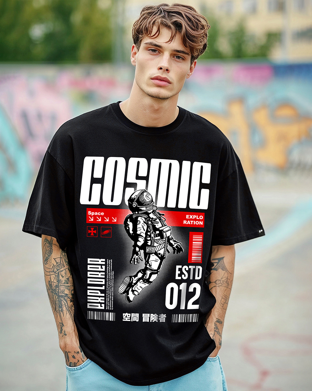 Buy Men's Black Cosmic Explorer Graphic Printed Oversized T-shirt ...