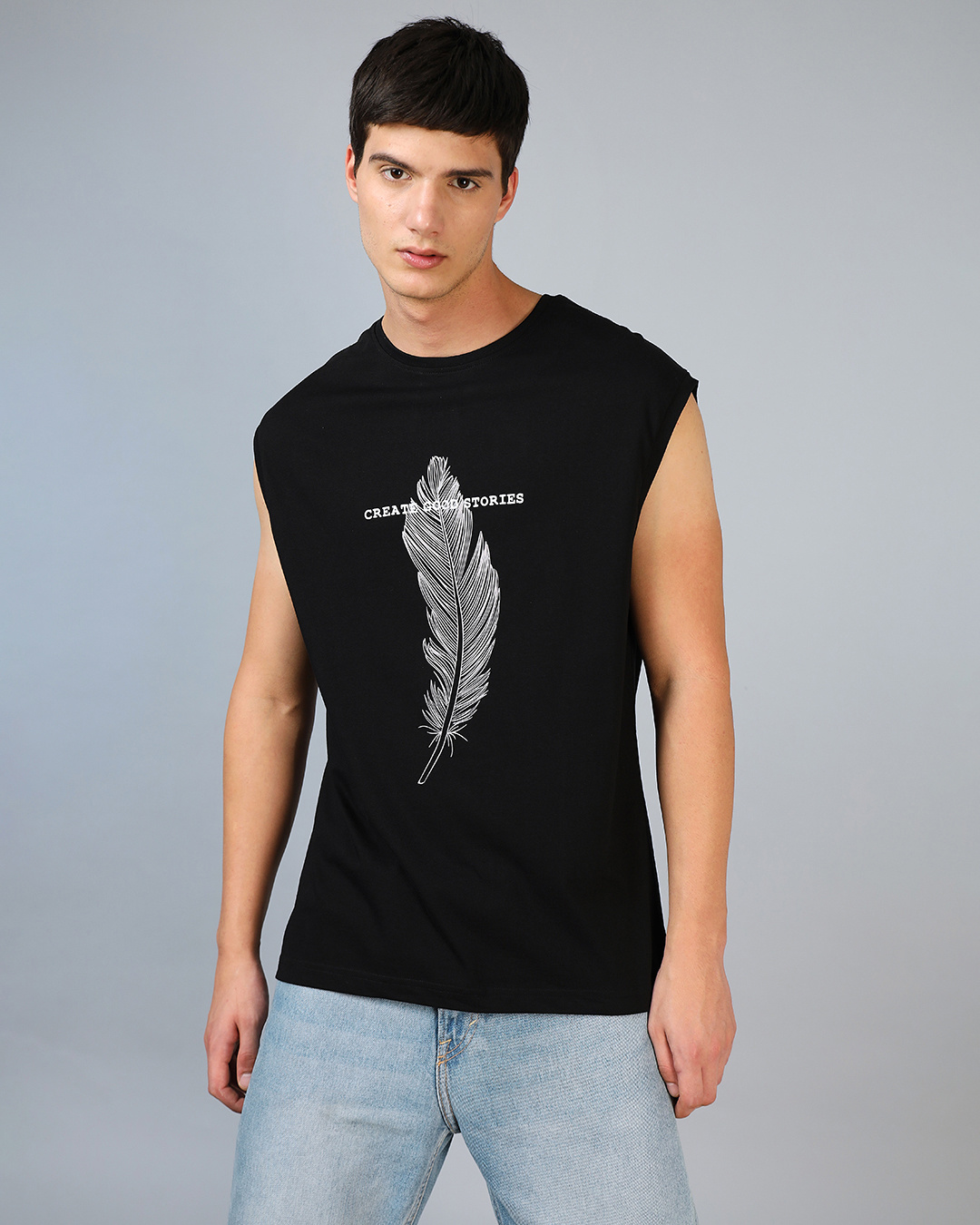 Buy Men's Black Create Good Stories Typography Super Loose Fit Vest ...