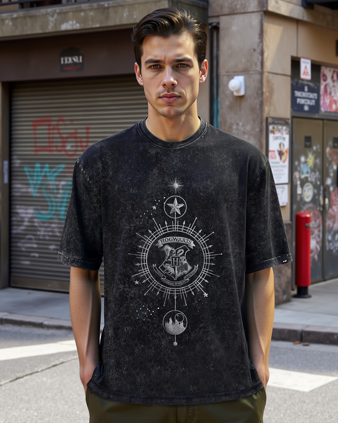 Buy Men's Black Crest Mark Graphic Printed Oversized Acid Wash T-shirt Online at Bewakoof