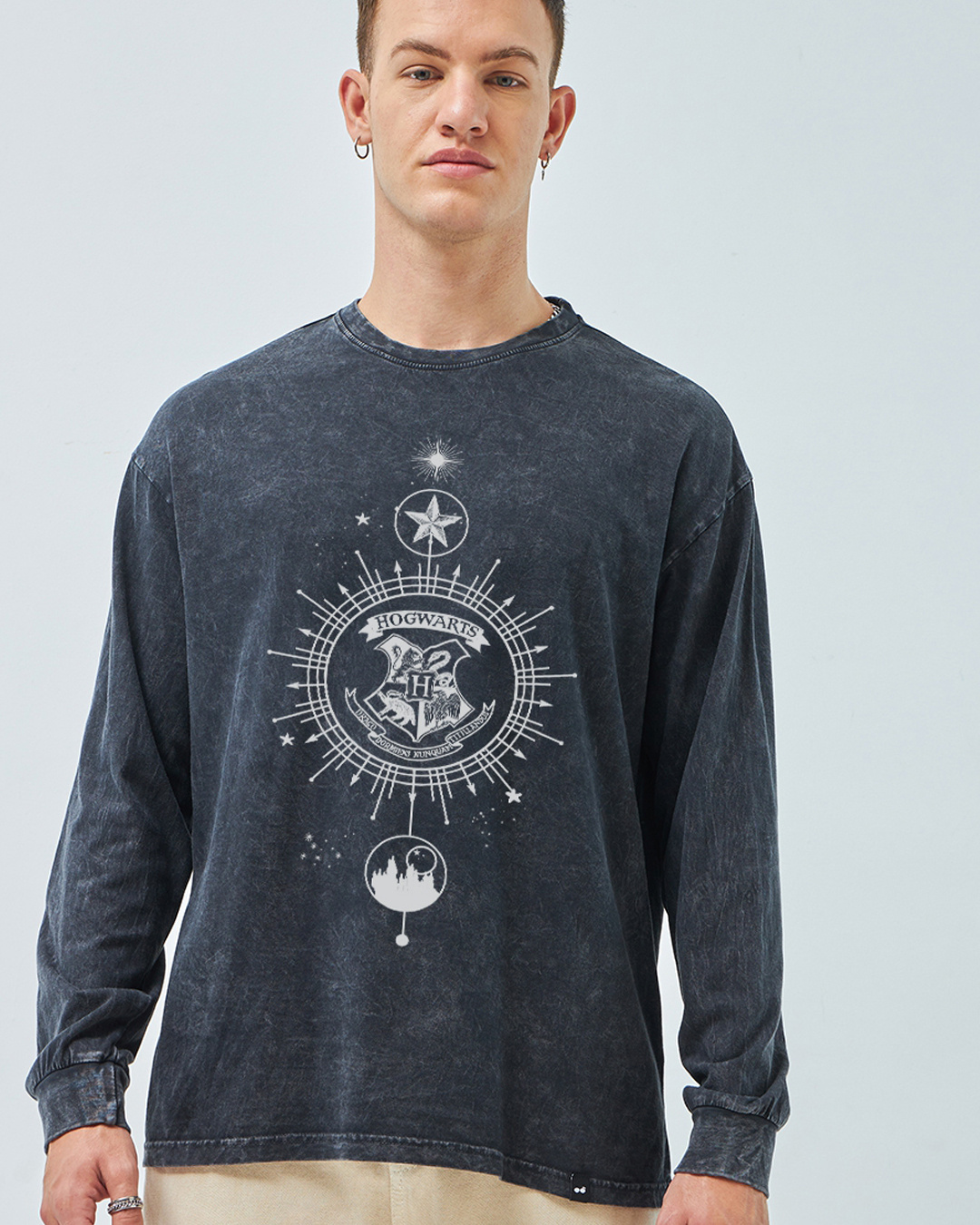 Buy Men's Black Crestmark Graphic Printed Oversized Acid Wash T-shirt Online at Bewakoof