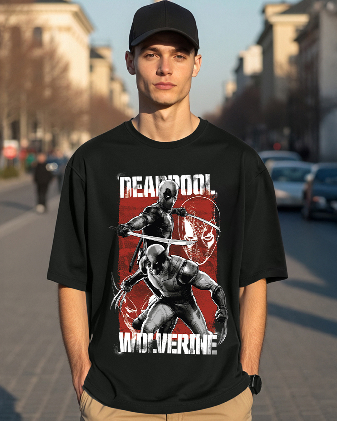 Buy Mens Black Deadpool Duo Graphic Printed Oversized T Shirt Online