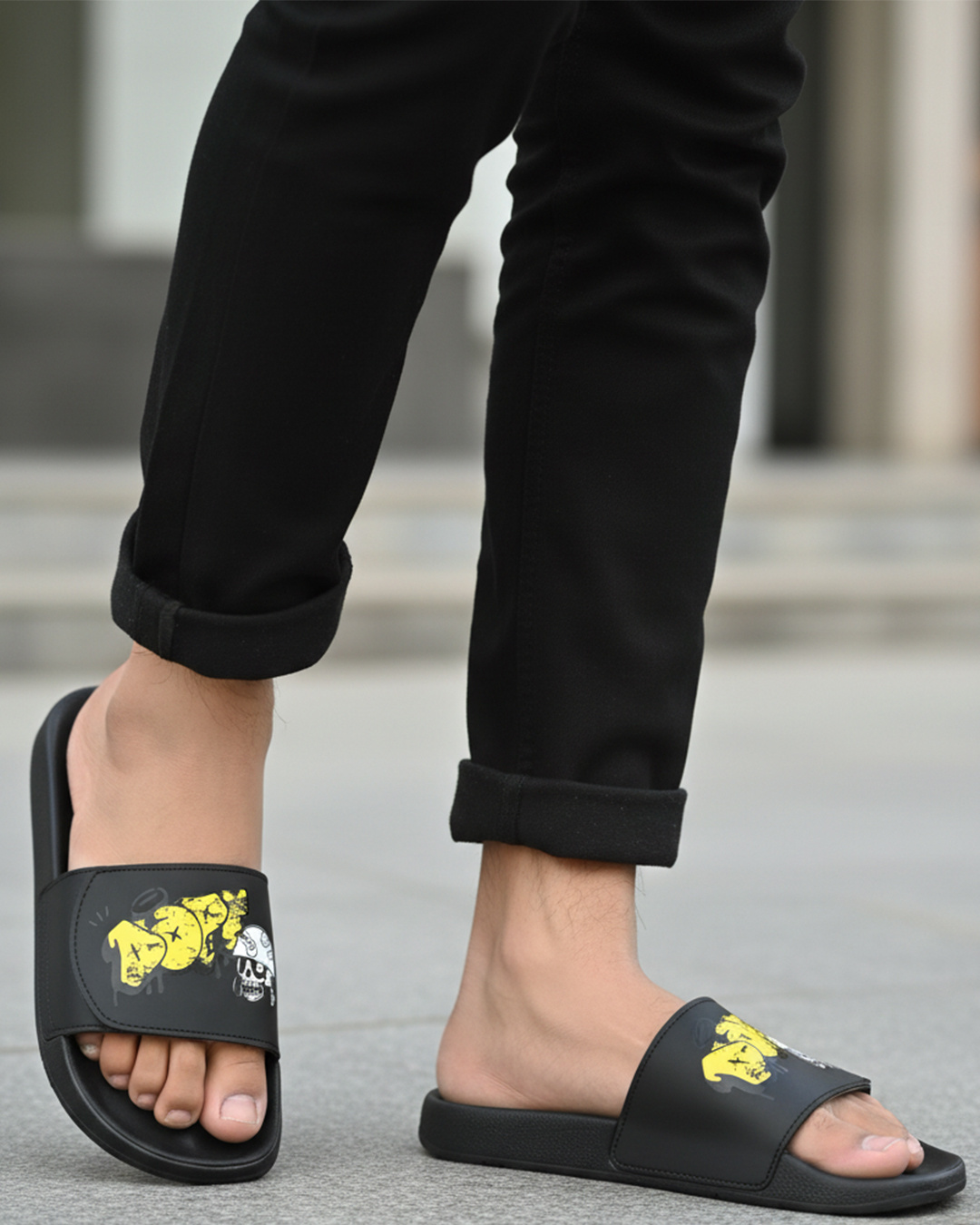 Buy Men's Black Dope Printed Velcro Sliders Online in India at Bewakoof