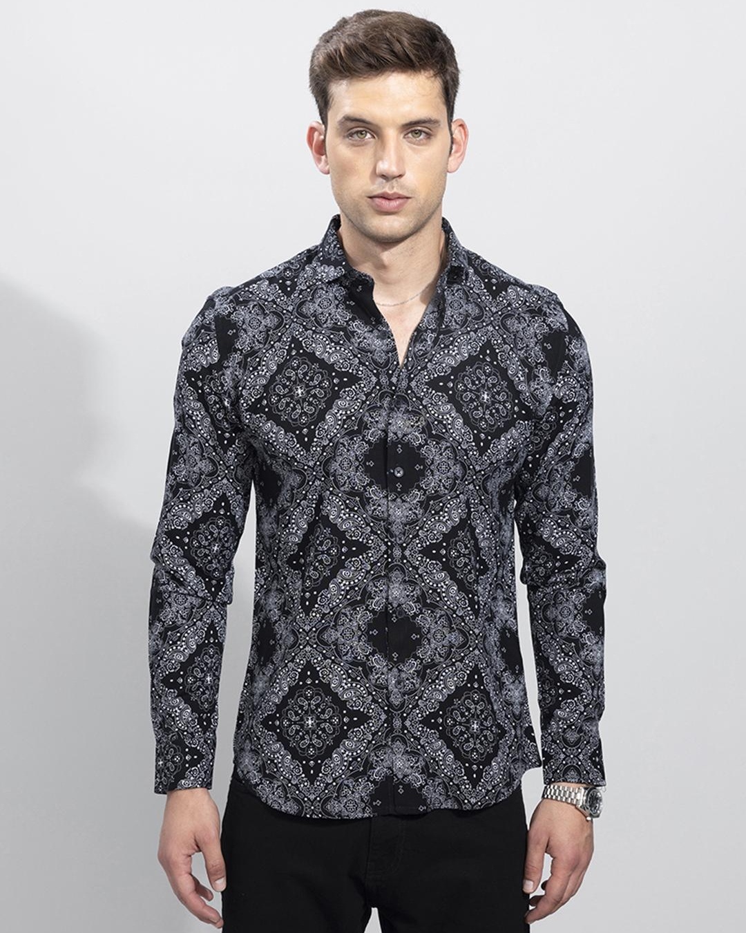 Buy Men's Black Ethnic Motif Printed Slim Fit Shirt Online at Bewakoof