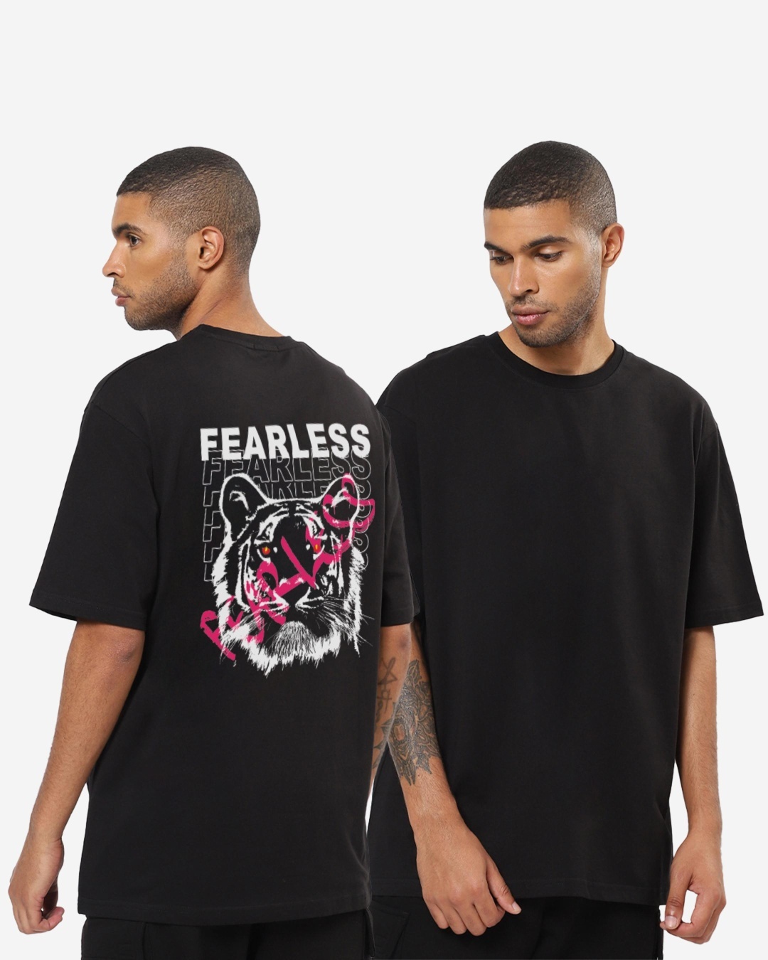 Buy Men's Black Fearless Tiger Graphic Printed Oversized T-shirt Online at Bewakoof