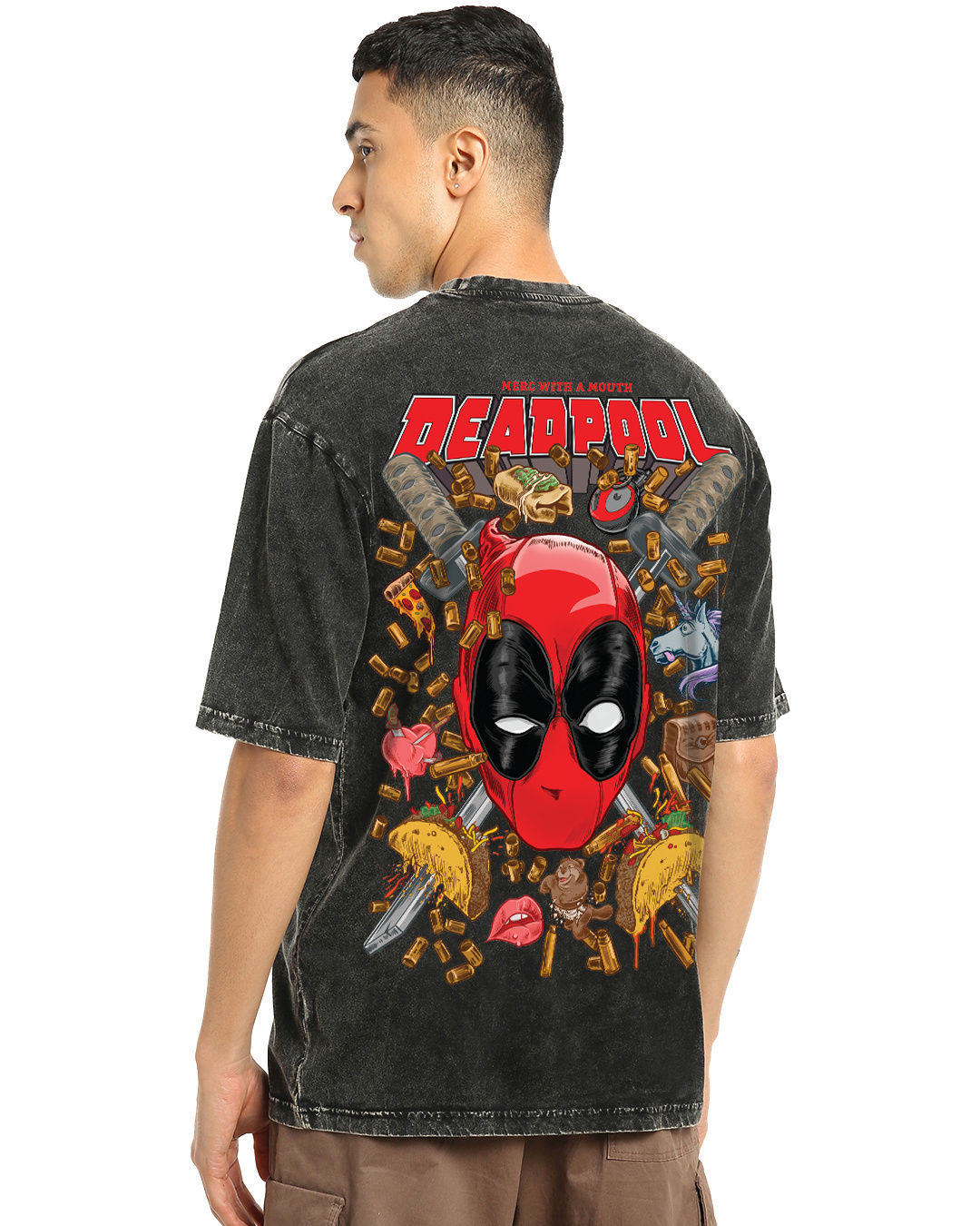 Buy Mens Black Foodie Deadpool Graphic Printed Oversized Acid Wash T