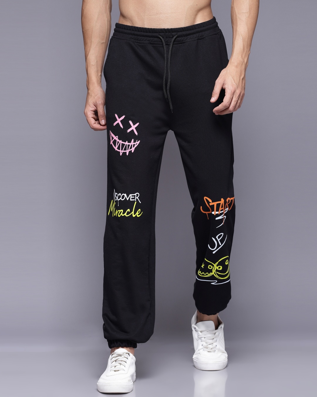 Buy Men's Black Graphic Printed Relaxed Fit Joggers Online at Bewakoof
