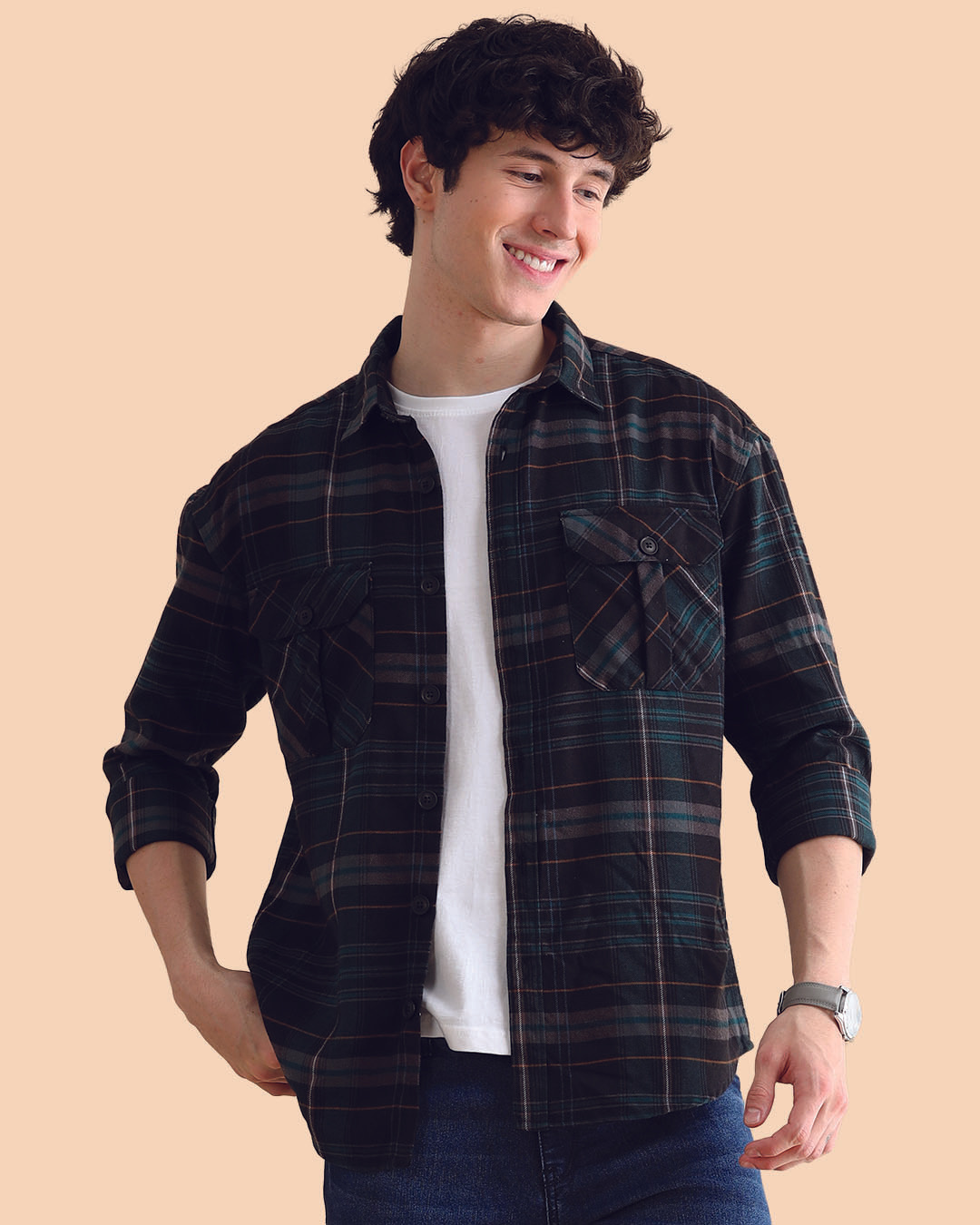 Buy Men's Black & Green Checked Oversized Shacket Online at Bewakoof