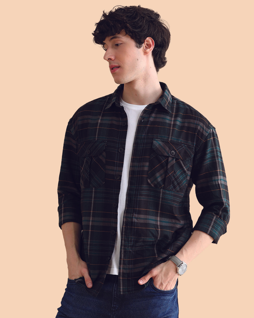 Buy Men's Black & Green Checked Oversized Shacket Online at Bewakoof