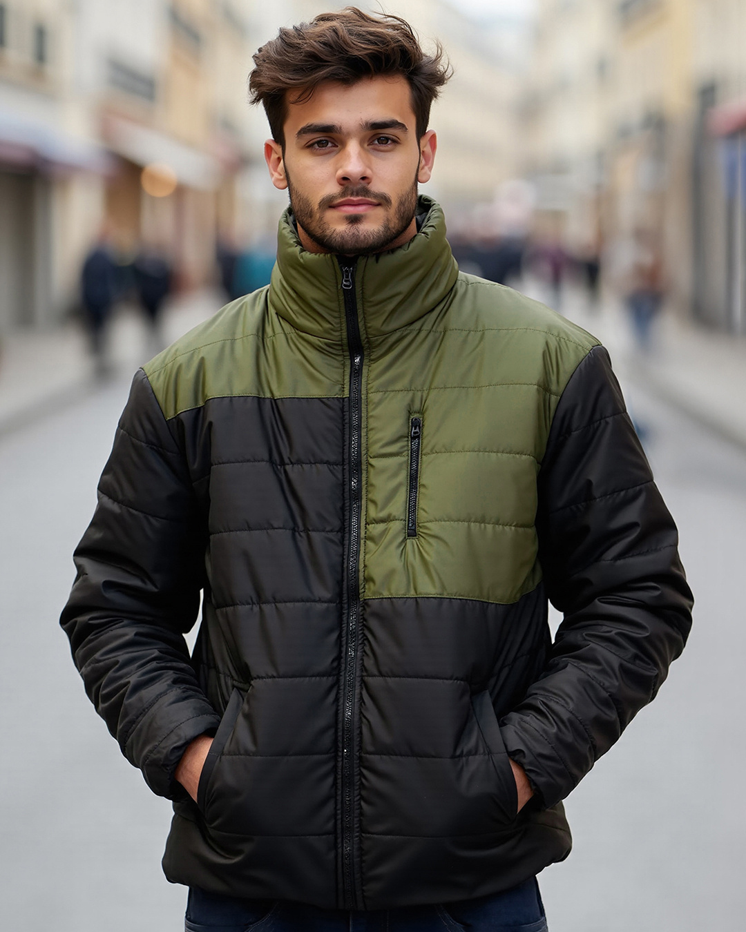 Buy Men's Black & Green Color Block Oversized Puffer Jacket Online at ...