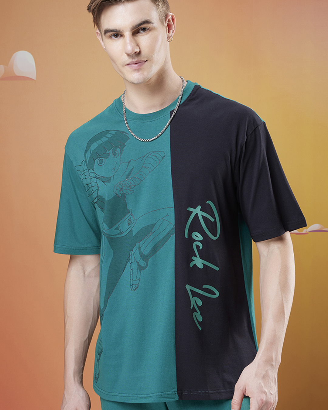 Buy Men's Black & Green Rock Lee Graphic Printed Oversized T-shirt ...