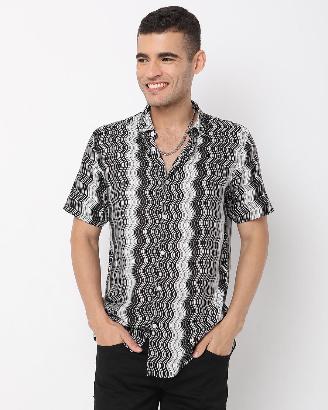 Buy Men's Black & Grey All Over Abstract Printed Rayon Shirt Online at ...