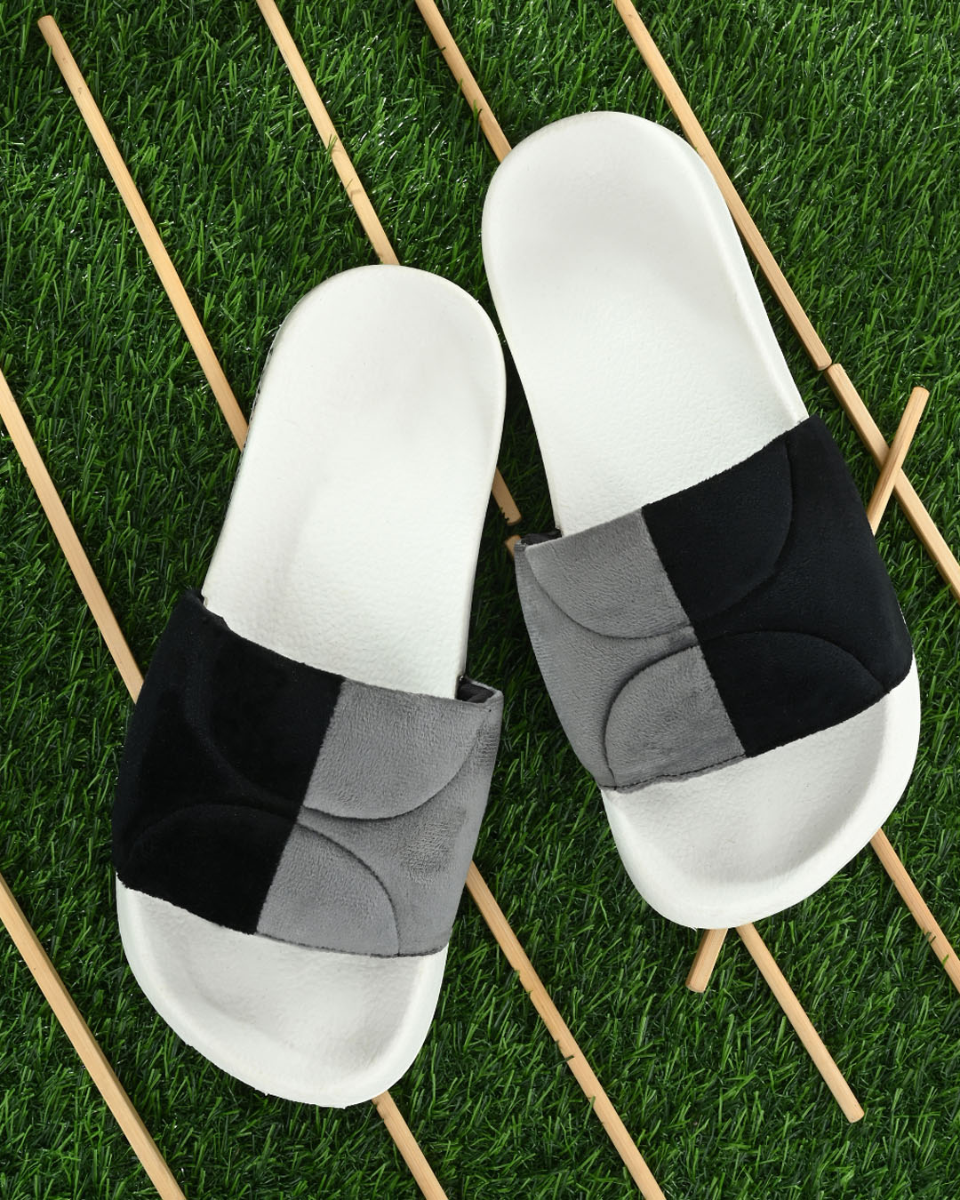 Buy Men's Black & Grey Quilted Color Block Sliders Online in India at ...