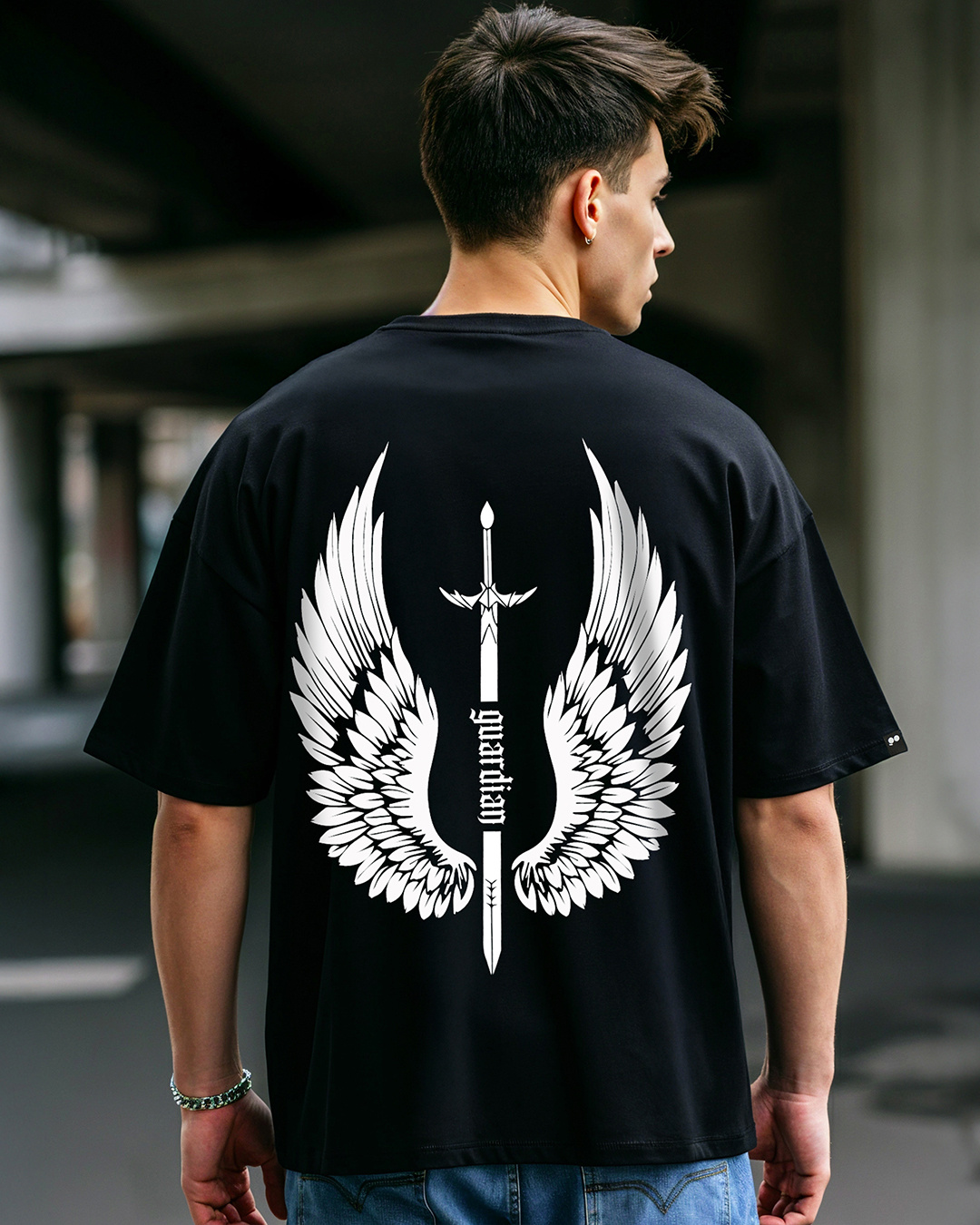Buy Men's Black Guardian Wings Graphic Printed Oversized T-shirt Online ...